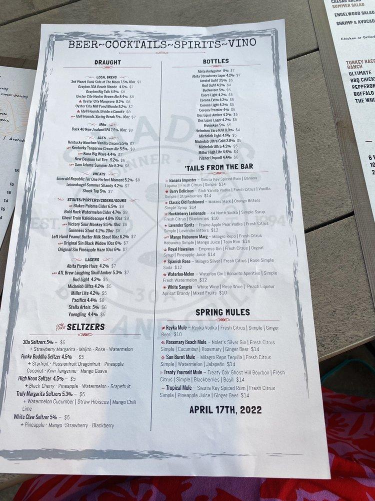 Menu at Shades Bar & Grill, Panama City Beach