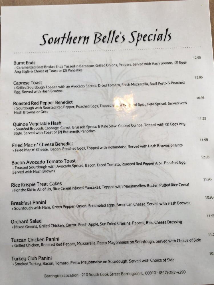 Menu at Southern Belle's restaurant, Barrington