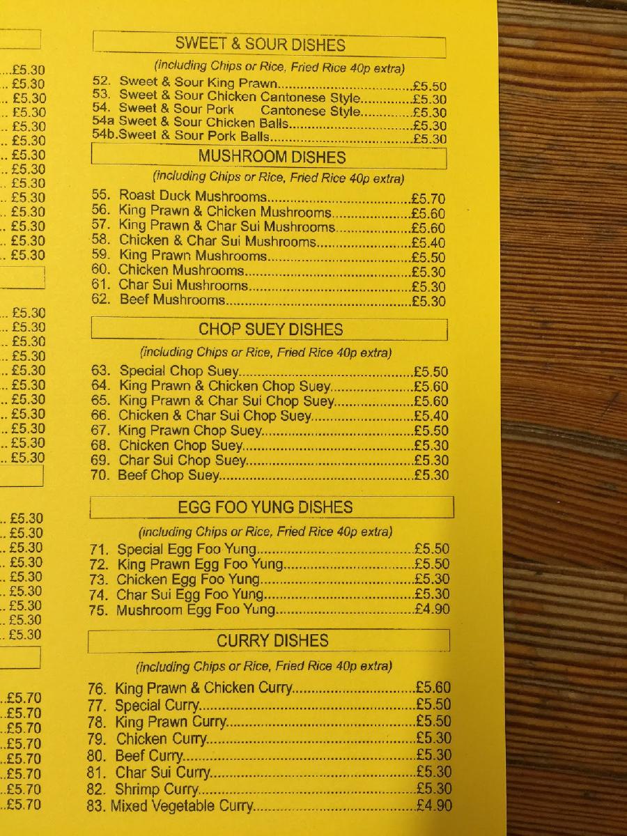 Menu at Sun Lee fast food, Wigan
