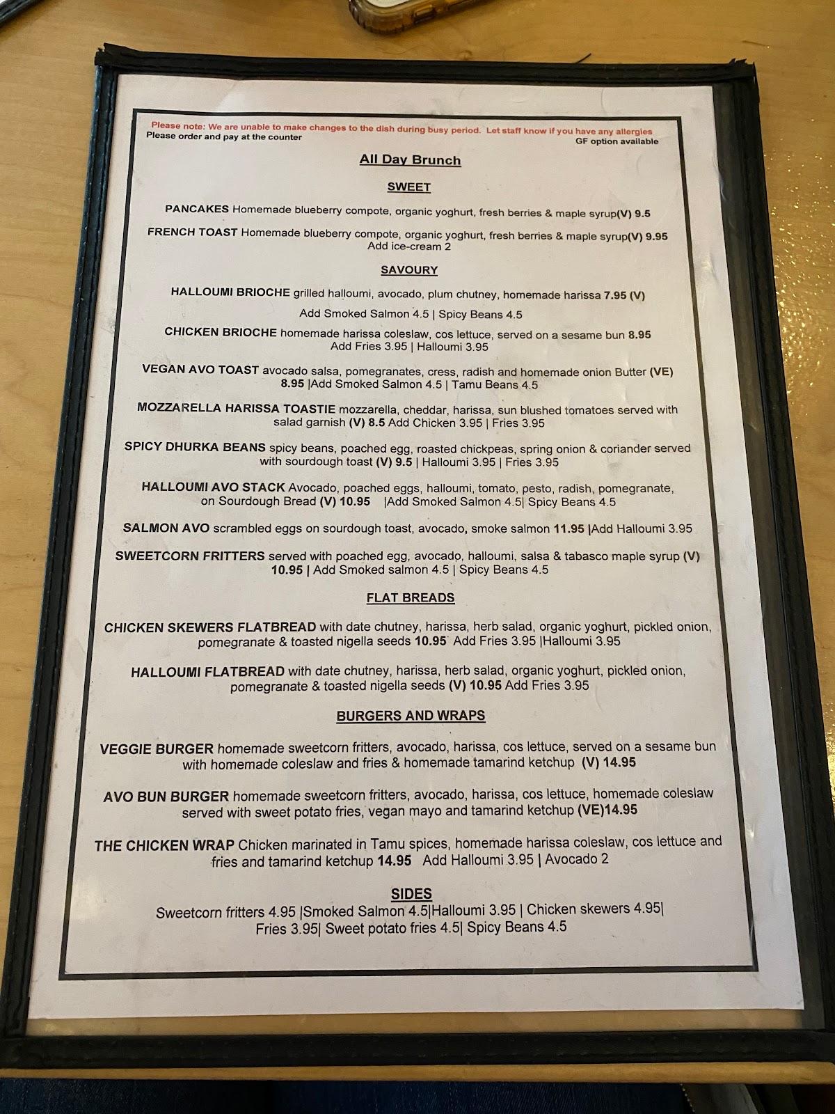 Menu at Tamu Cafe, Birmingham