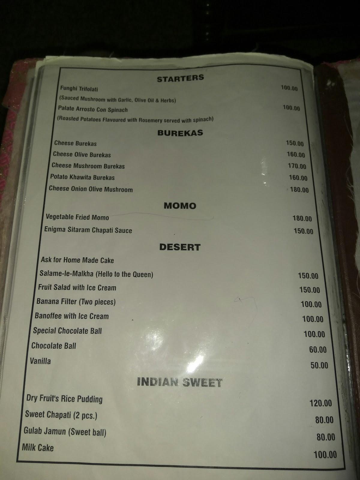 Menu at The Enigma Cafe, Pushkar