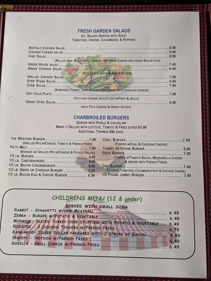 Menu at Western Diner restaurant, Albany