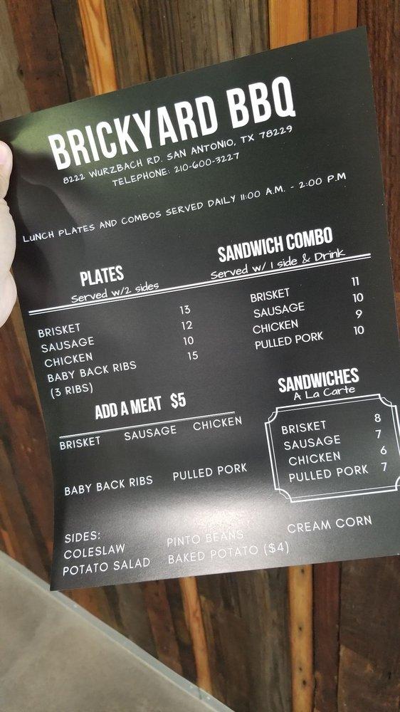 Menu at Brickyard BBQ, San Antonio