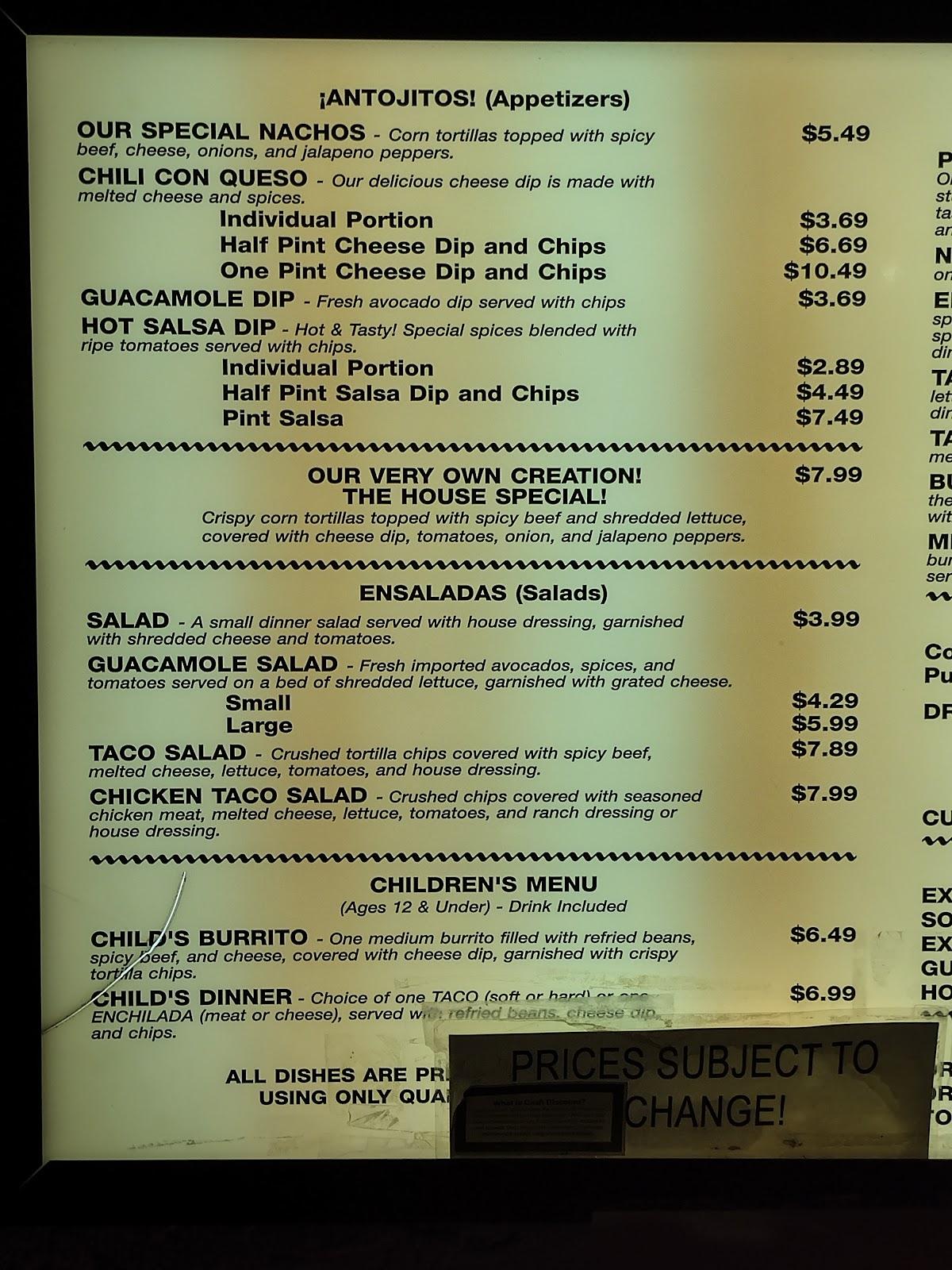 Menu at Charro's Mexican Food restaurant, Pine Bluff