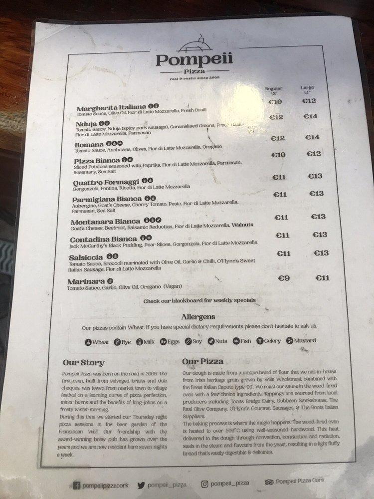 Menu at Pompeii Pizza Cork pizzeria, Cork