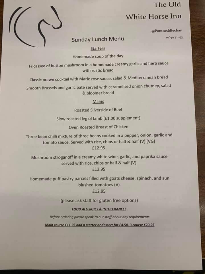Menu at The Old White Horse Inn pub & bar, Pontneddfechan
