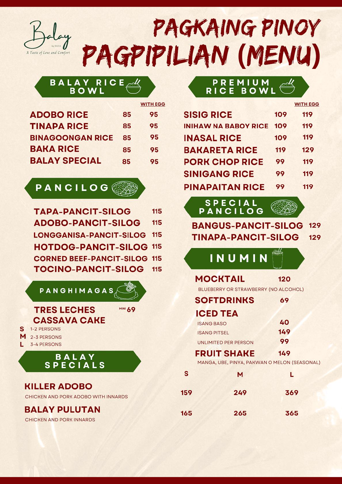 Menu at Balay By Duca restaurant, Baguio