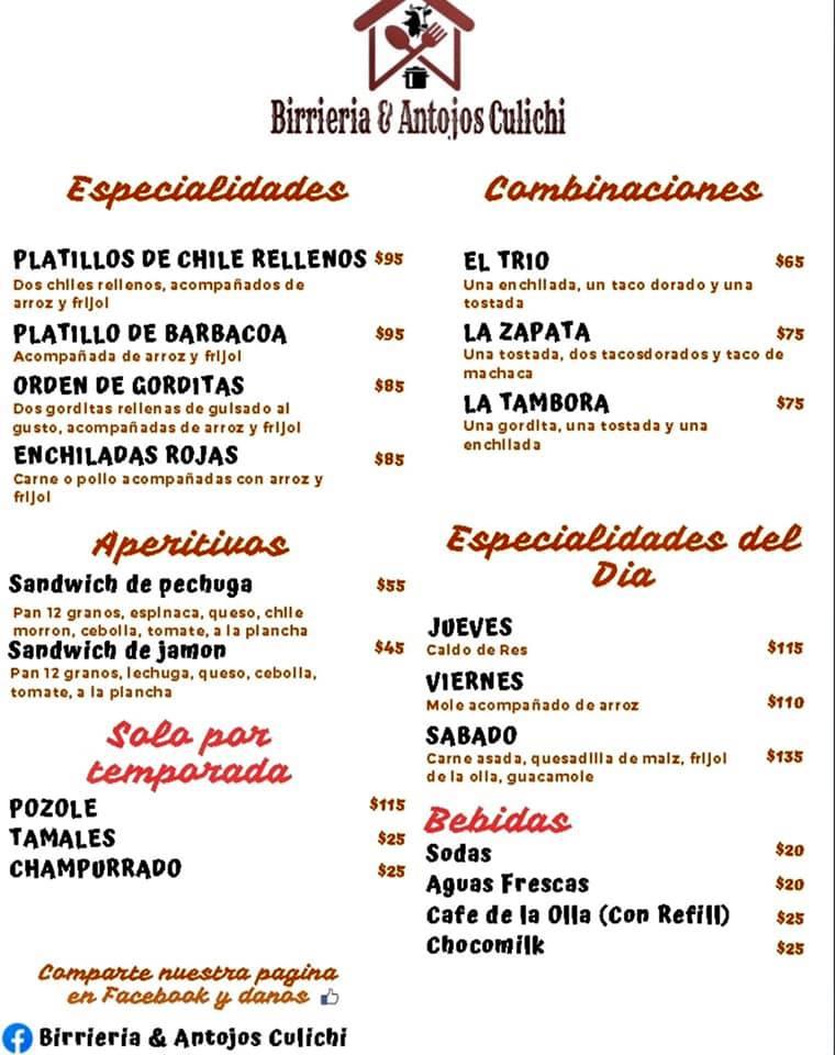 Menu at Birrieria y Antojos Culichi restaurant, Mexicali