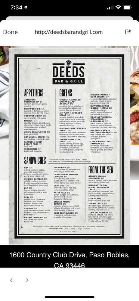 Menu at Deeds Bar & Grill, Paso Robles