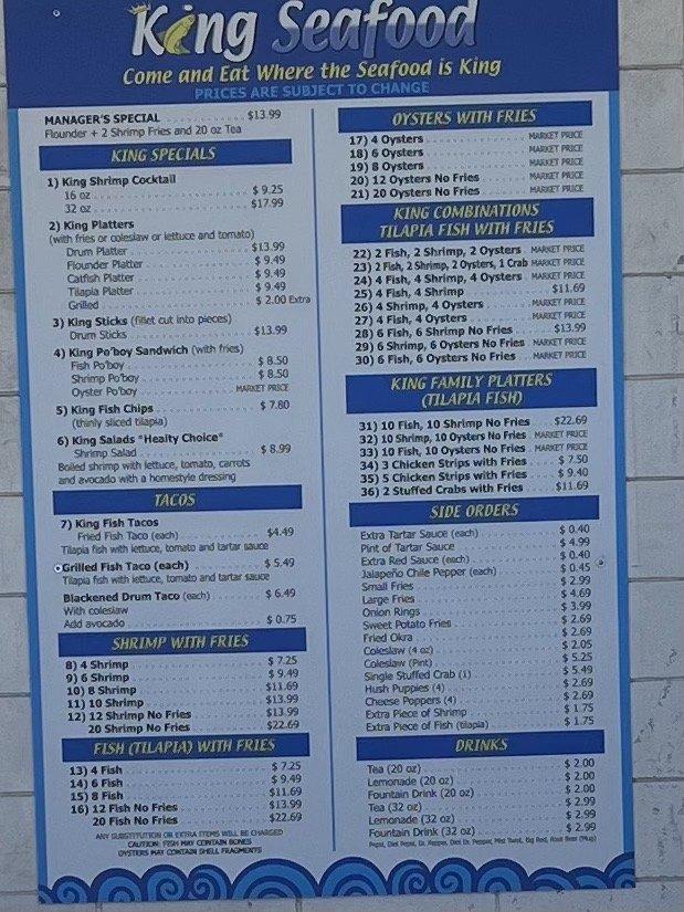 Menu at King Seafood restaurant, Corpus Christi