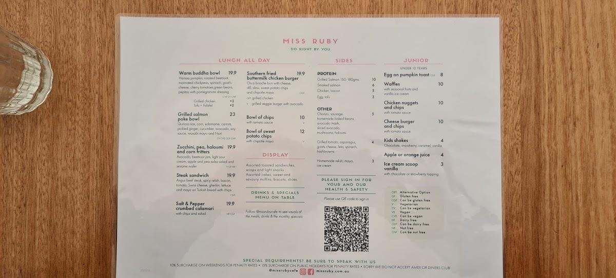 Menu at Miss Ruby cafe, Bentleigh