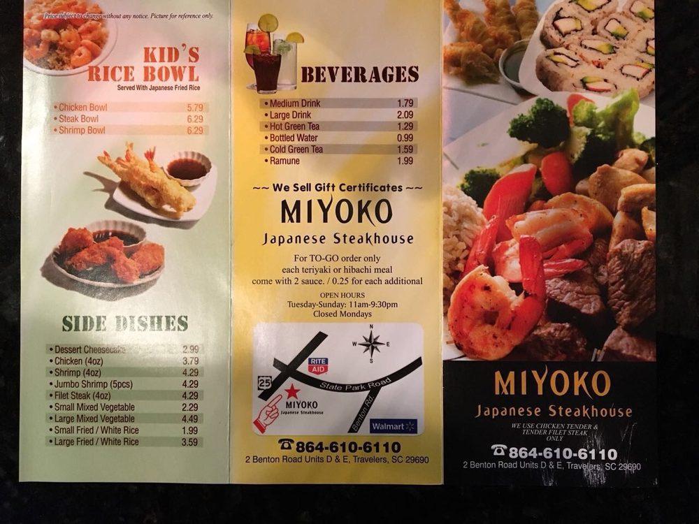 Menu at Miyoko Japanese Steakhouse, Travelers Rest