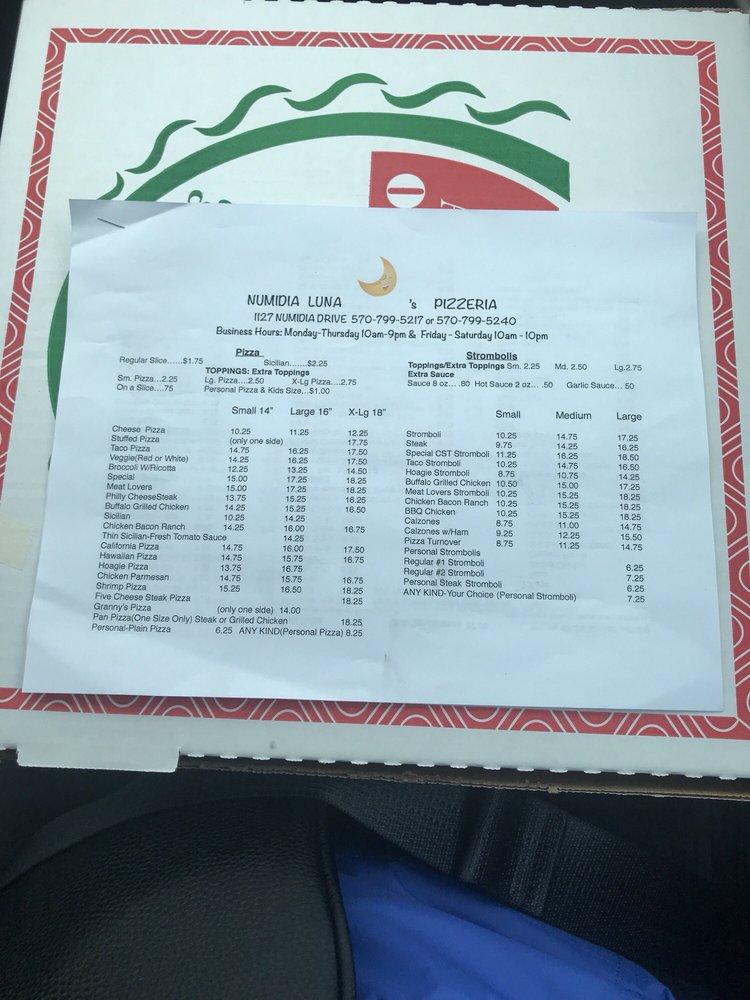 Menu at Numidia Luna's Pizzeria, Numidia, Numidia Dr
