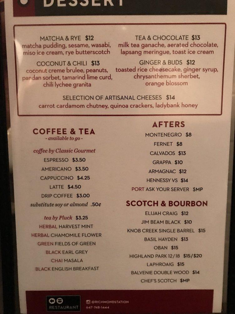 Menu at Richmond Station restaurant, Toronto, 1 Richmond St W