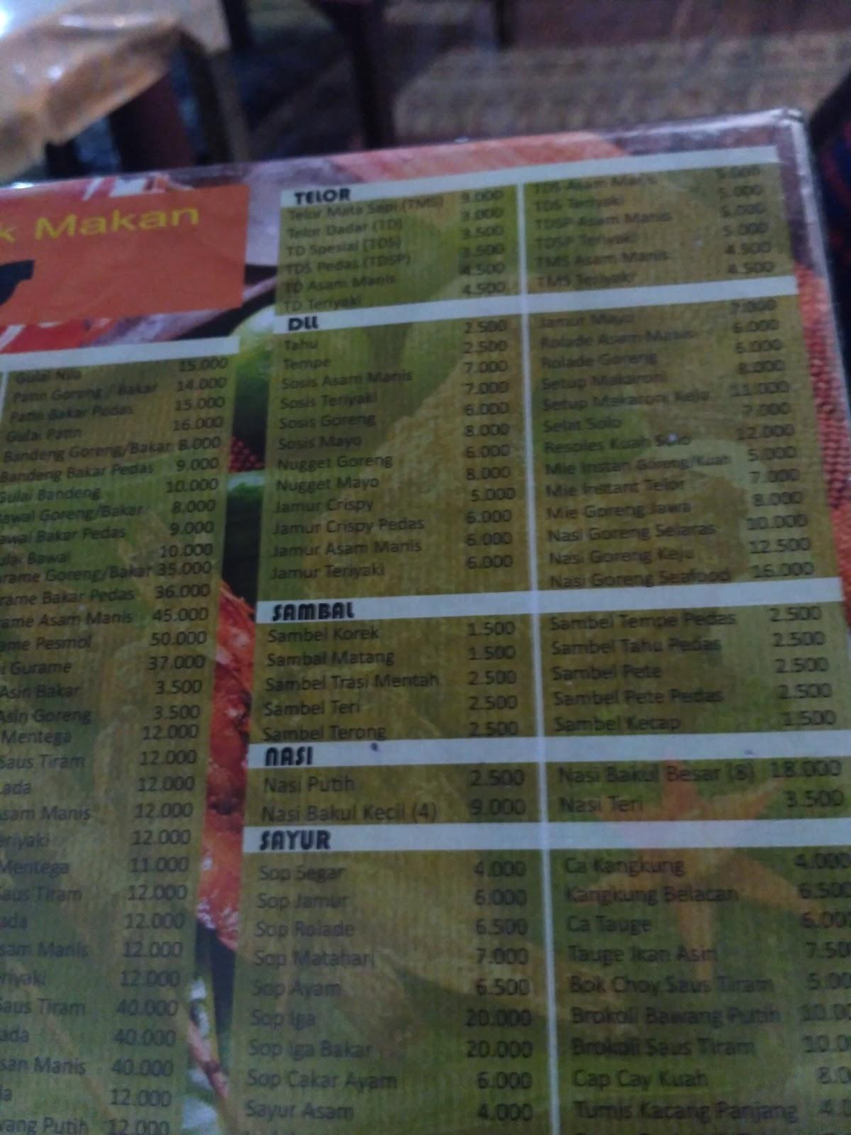 Menu at Selaras Resto restaurant, Semarang, Jl. Mulawarman Raya No.69