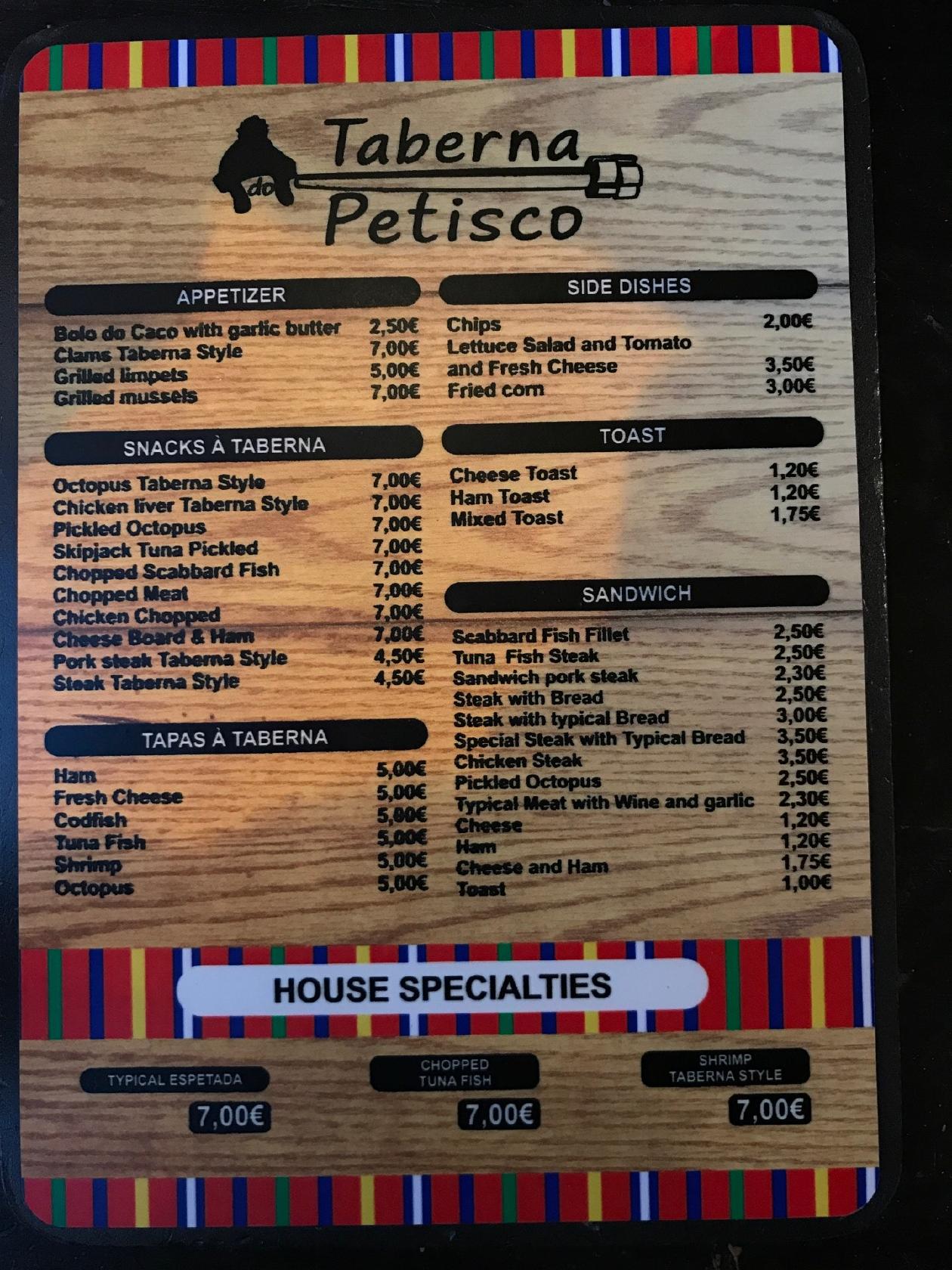 Menu at Taberna do Petisco pub & bar, Santa Cruz