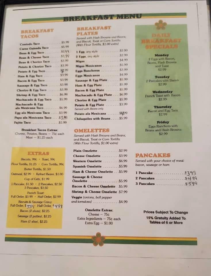 Menu at El Papa's restaurant, Port Isabel