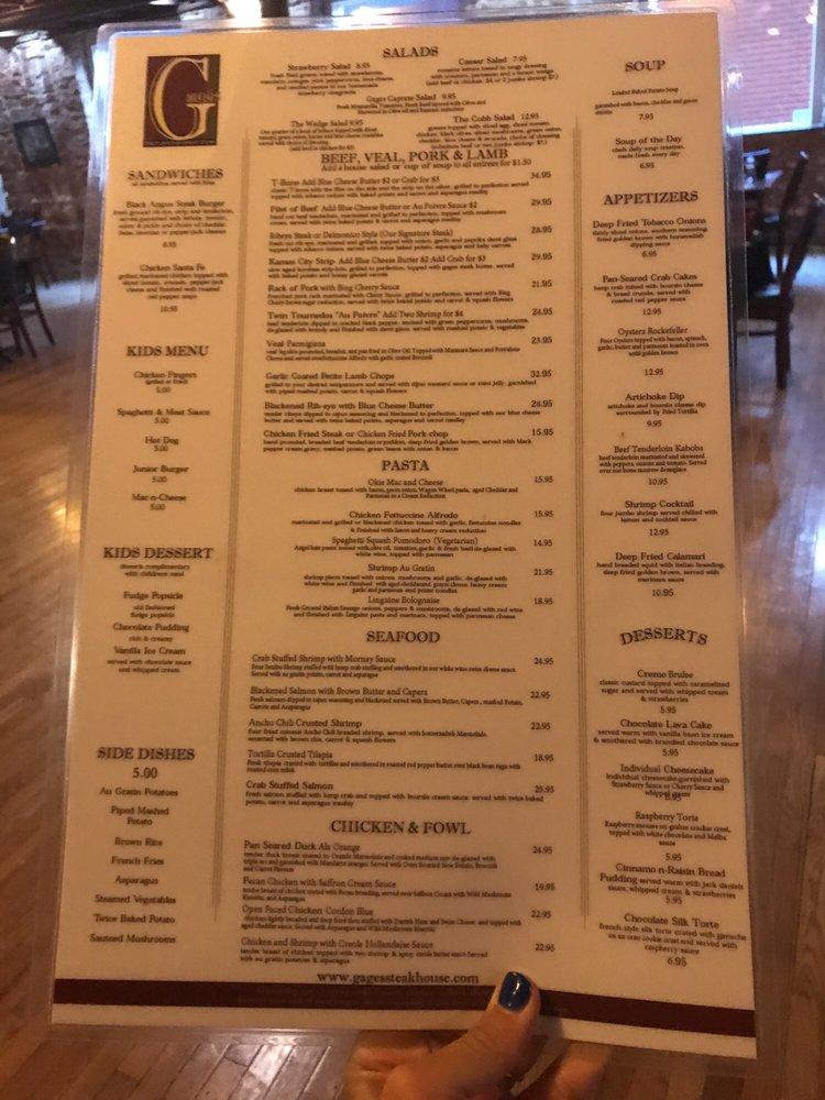Menu at Gages Steak House steakhouse, Guthrie