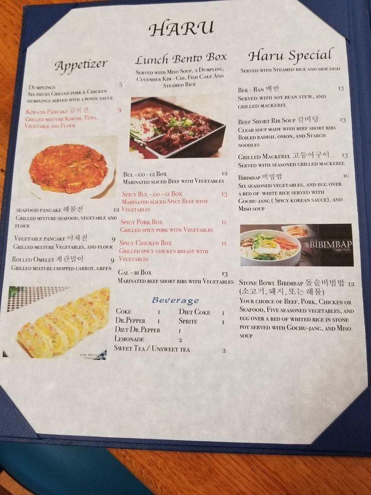 Menu at Haru Korean restaurant, Madison