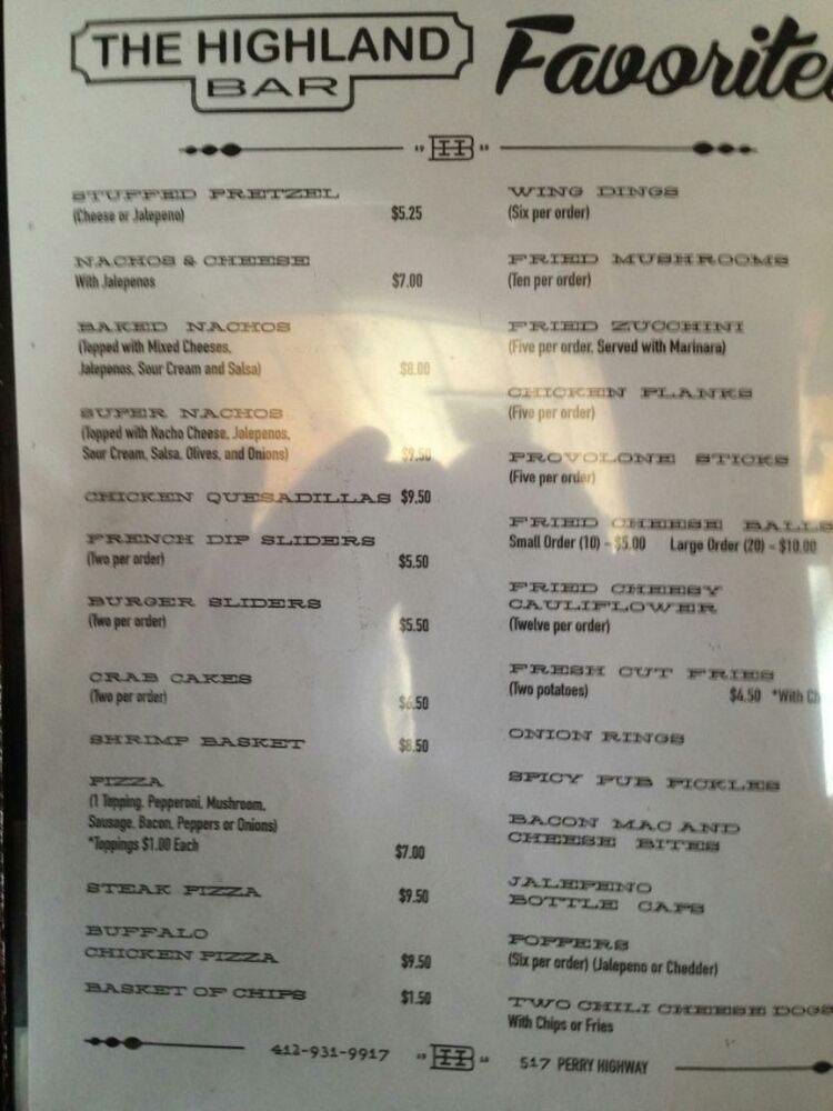Menu at Highland Bar, Pittsburgh