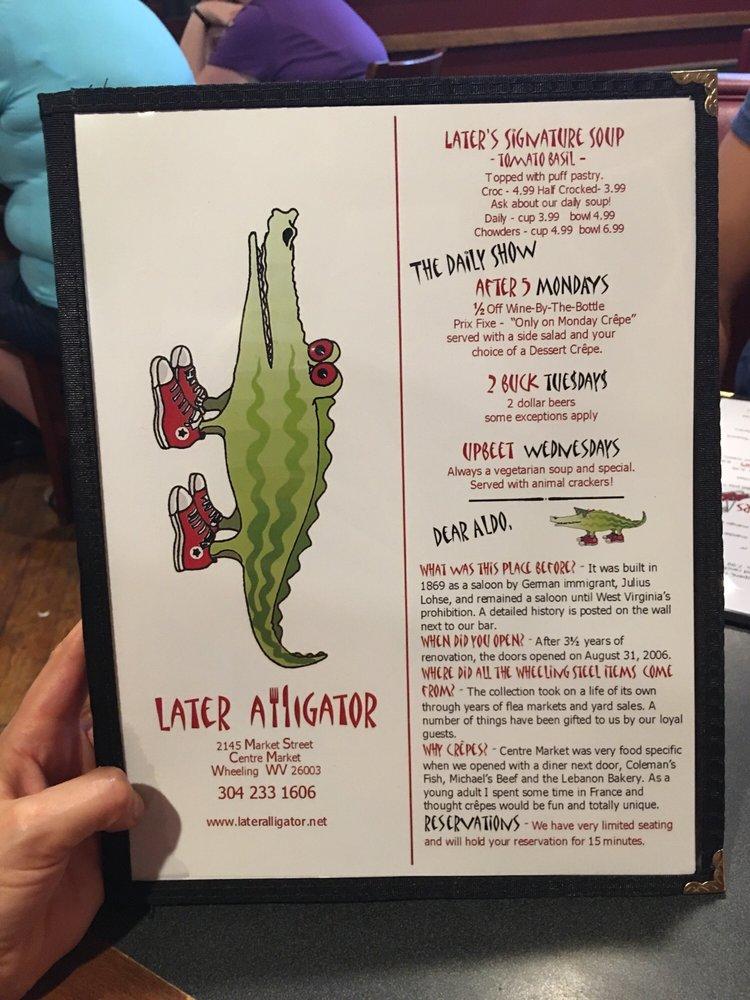 Menu at Later Alligator pub & bar, Wheeling