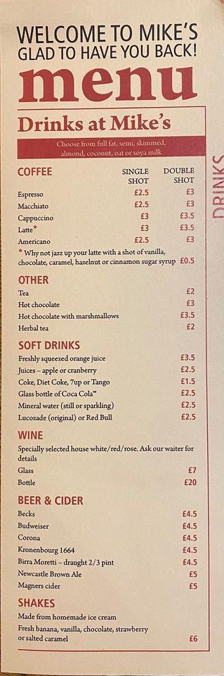 Menu at Mike's Cafe, London