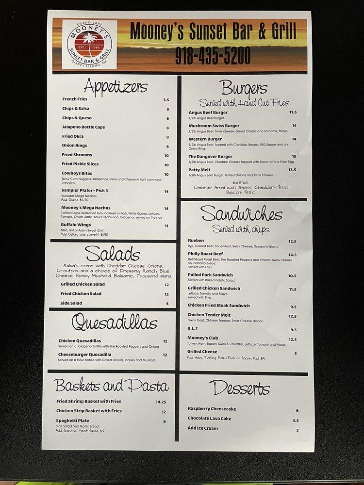 Menu at Mooneys Sunset Bar & Grill 21 And Over Only, Disney