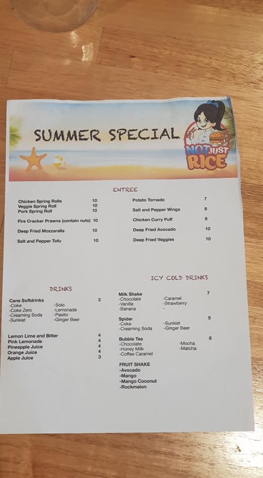 Menu at Not Just Rice restaurant, Batemans Bay