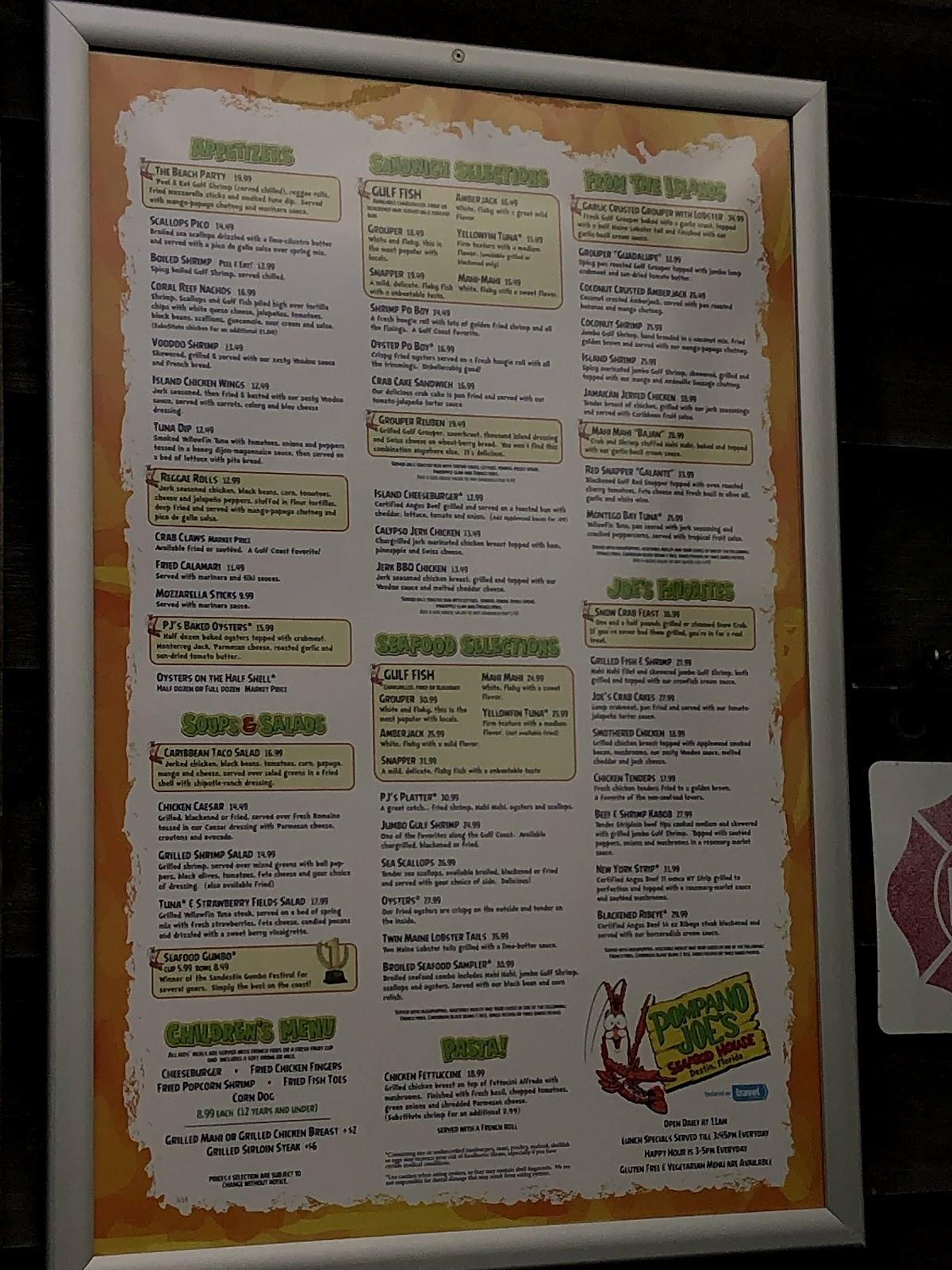 Menu at Pompano Joe's pub & bar, Destin