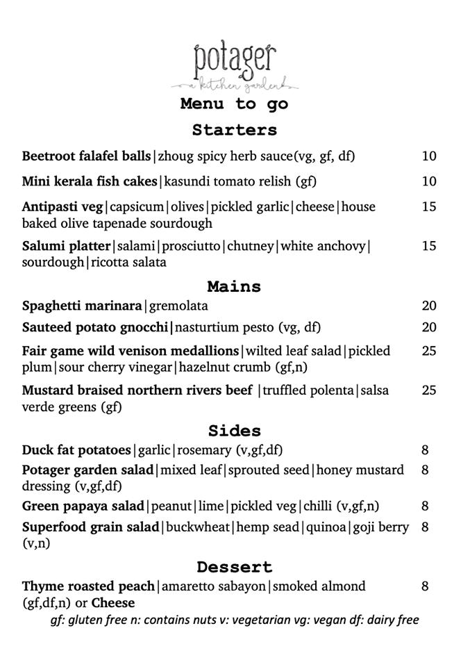 Menu at Potager - A Kitchen Garden restaurant, Carool