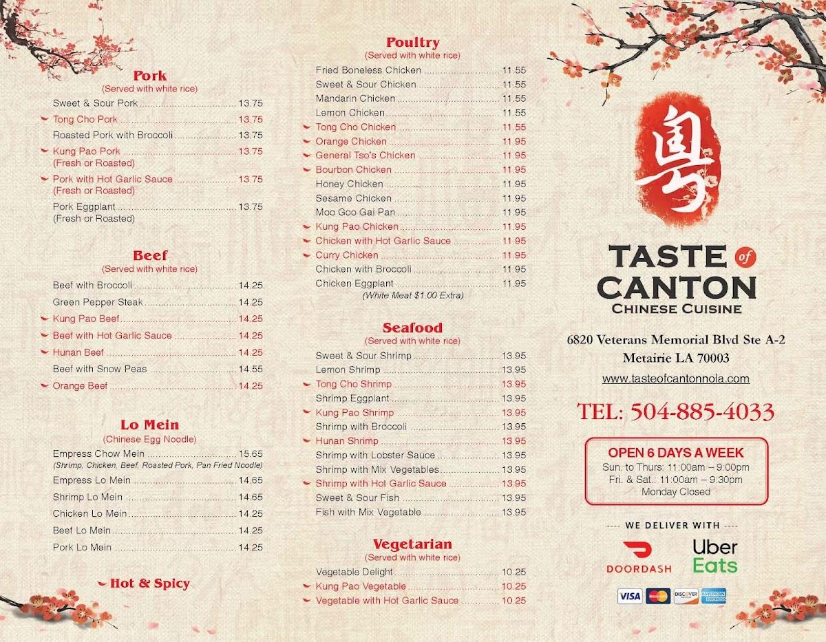 Menu at Taste of Canton restaurant, Metairie