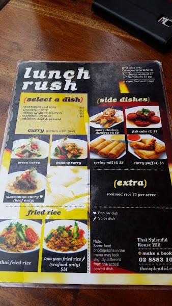 Menu at Thai Splendid restaurant, Rouse Hill