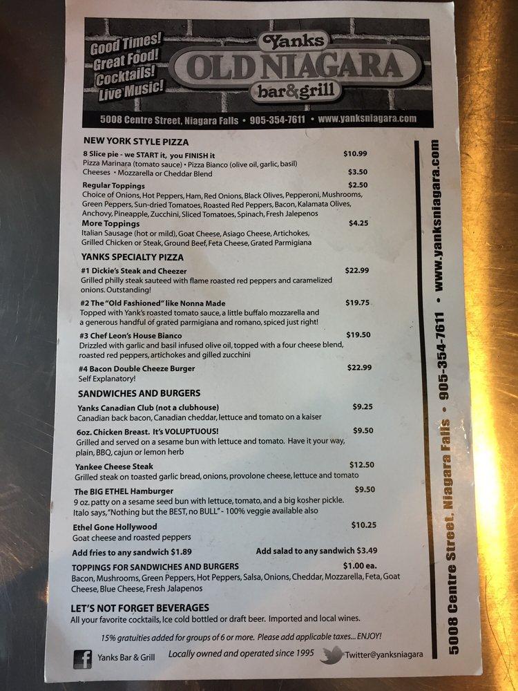 Menu at Yank's Old Niagara Bar & Grill, Niagara Falls