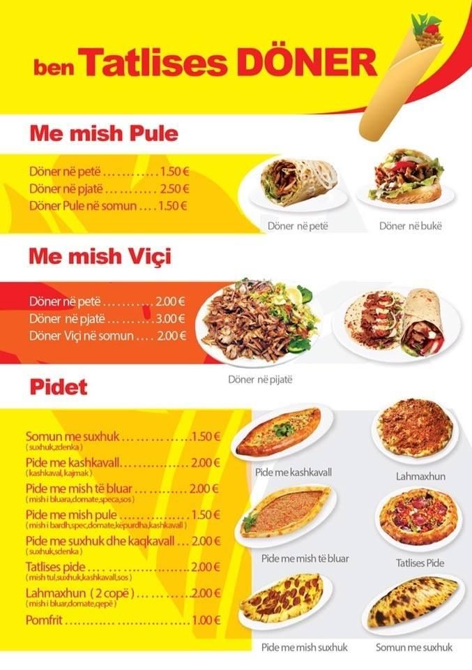 Menu at Ben Tatlises Doner restaurant, Prishtina, Sheshi Zahir Pajazit