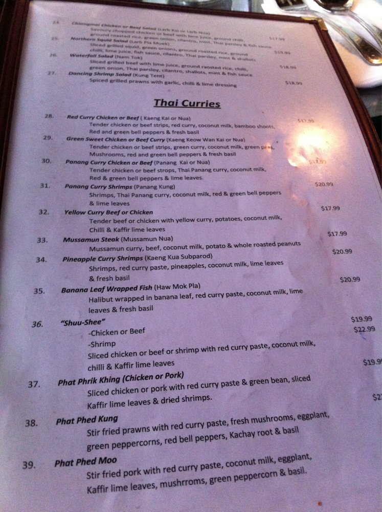 Menu at Bua Thai Restaurant, Edmonton