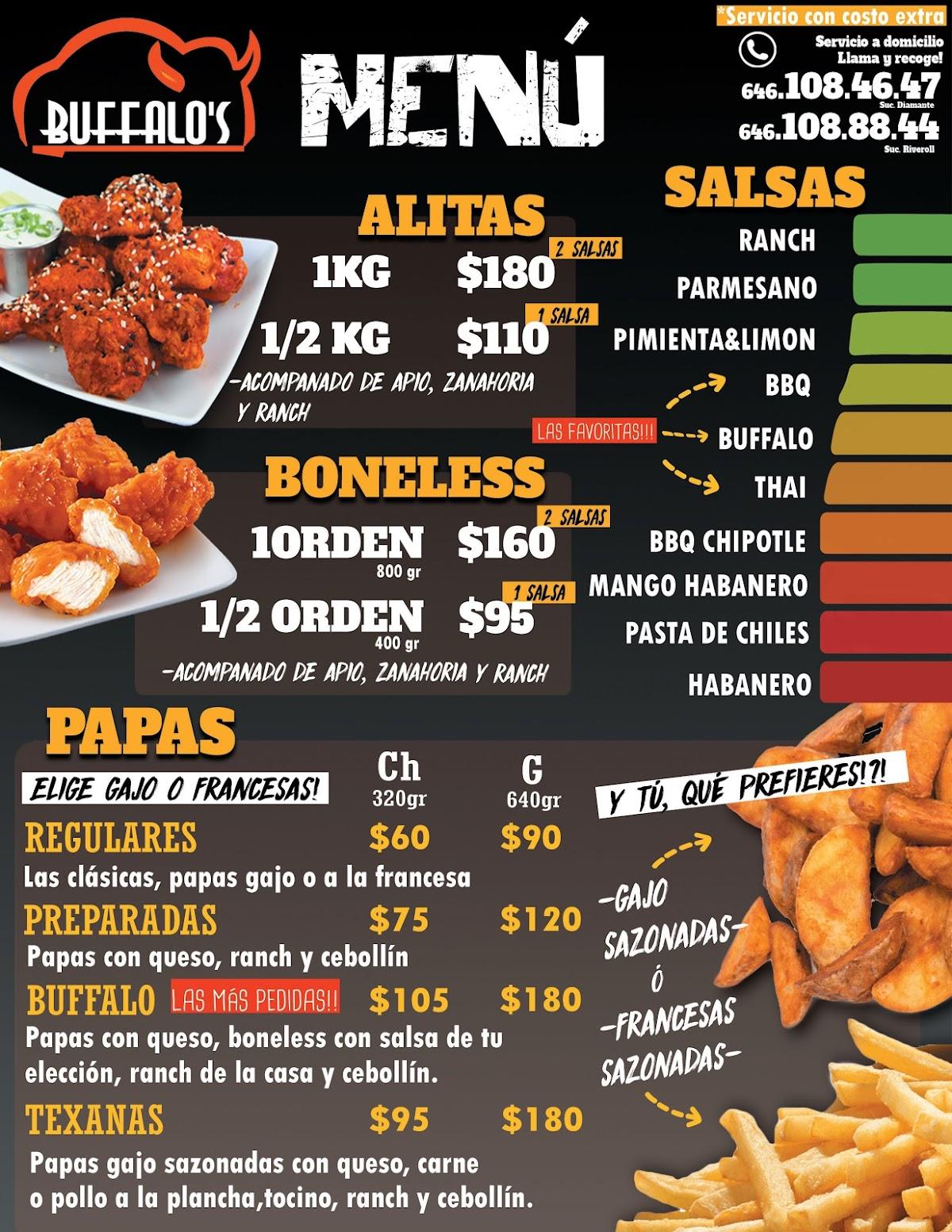 Menu at Buffalo´s "Alitas y Mas" restaurant, Ensenada