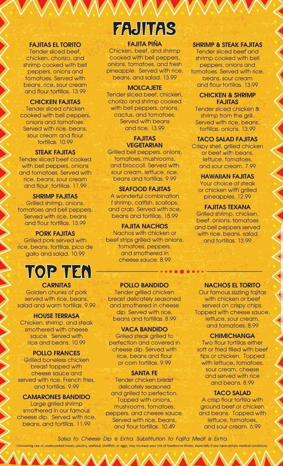 Menu at El Torito Mexican Restaurant, South Williamson
