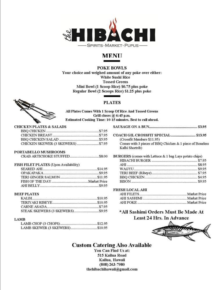 Menu at Hibachi restaurant, Kailua, 515 Kailua Rd