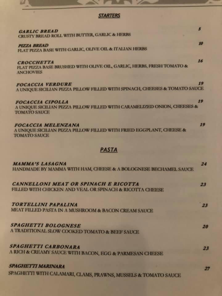 Menu at Mamma's Italian Restaurant, Redcliffe
