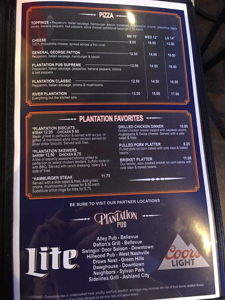 Menu at Plantation Pub, Nashville