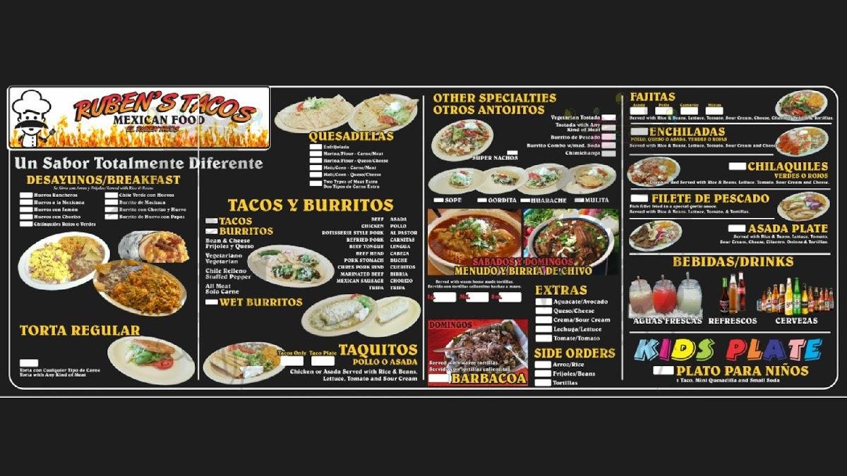 Menu at Ruben's Tacos restaurant, Upland, 175 Grove Ave A
