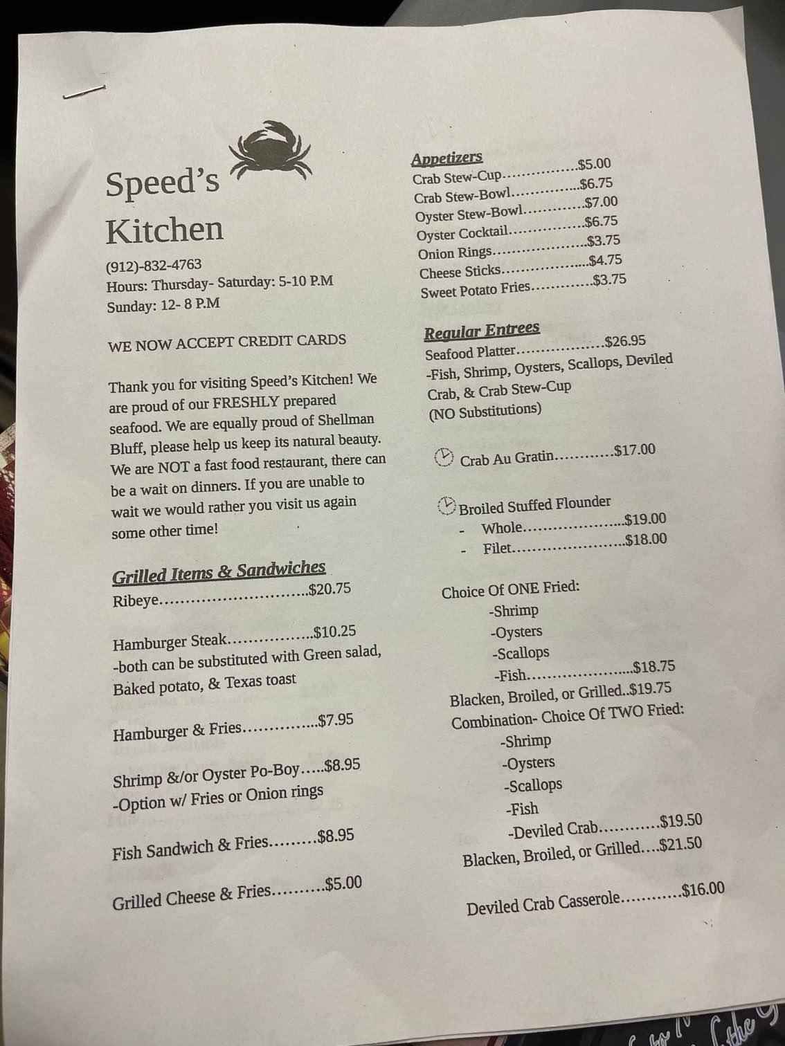 Menu at Speed's Kitchen restaurant, Shellman Bluff