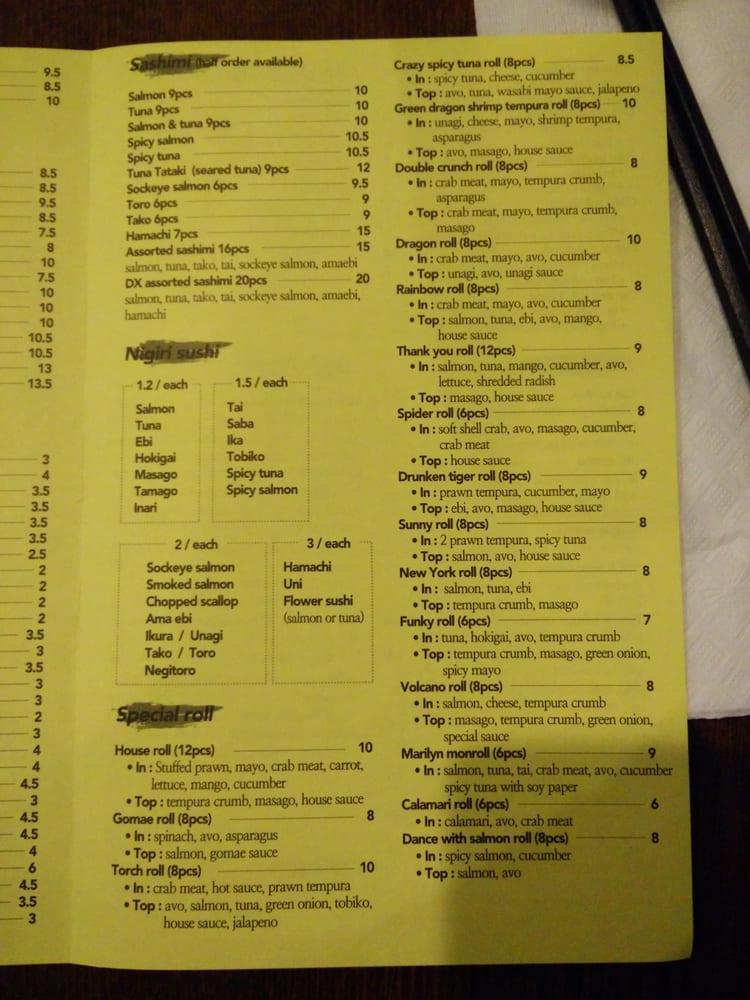 Menu at Sushi Den restaurant, Vancouver