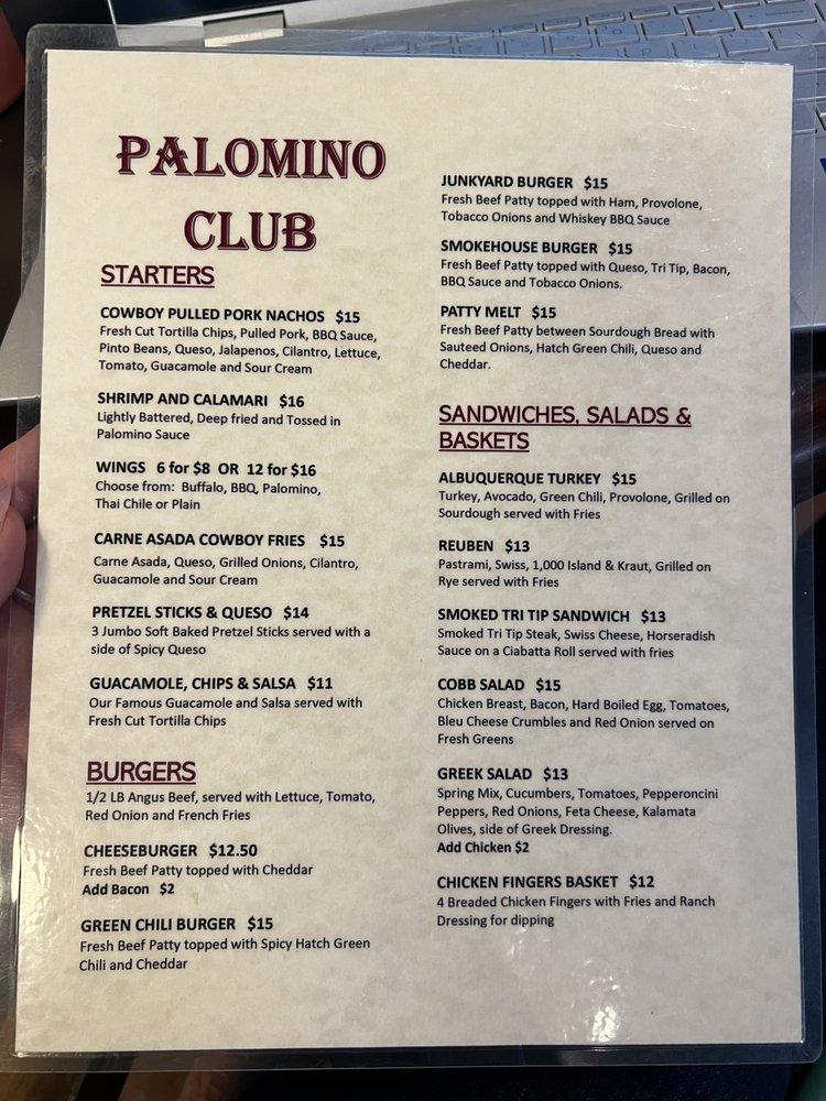 Menu at Palomino Club, Wickenburg