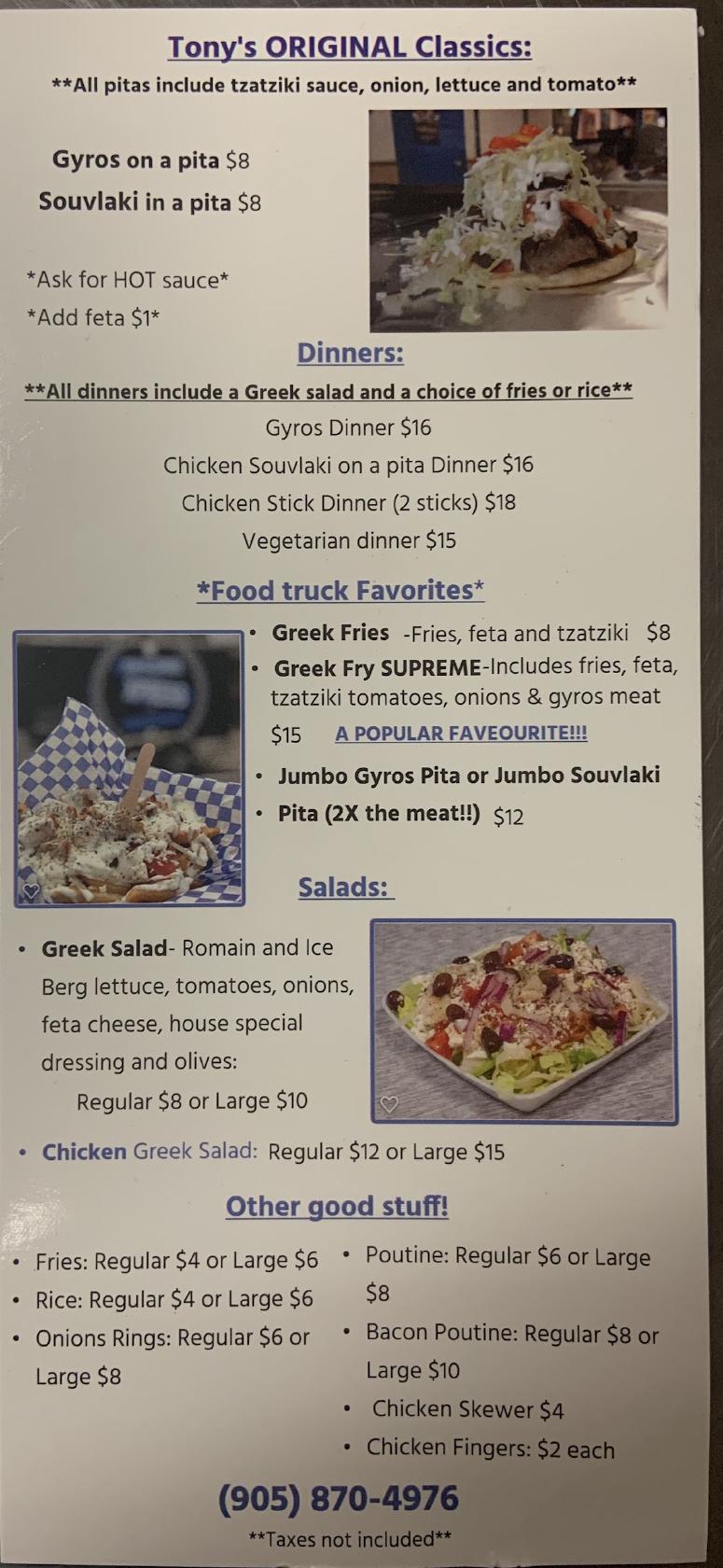 Menu at Tony's Corner Xpress restaurant, Caledonia