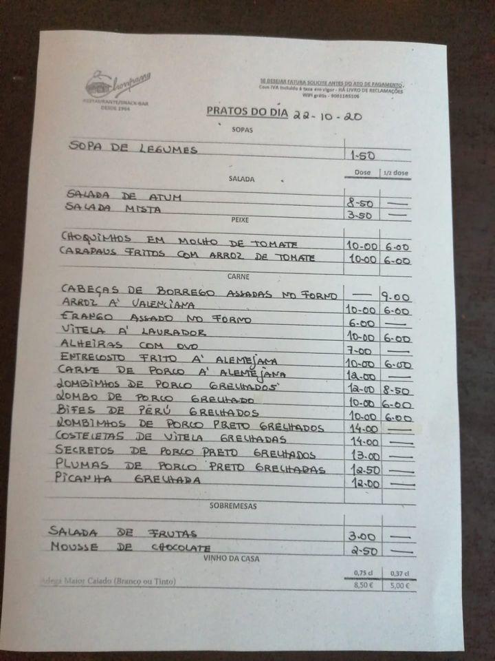 Carta del restaurante A Choupana, Evora, R. dos Mercadores 20