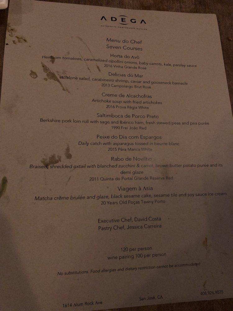 Menu at ADEGA restaurant, San Jose, 1614 Alum Rock Ave