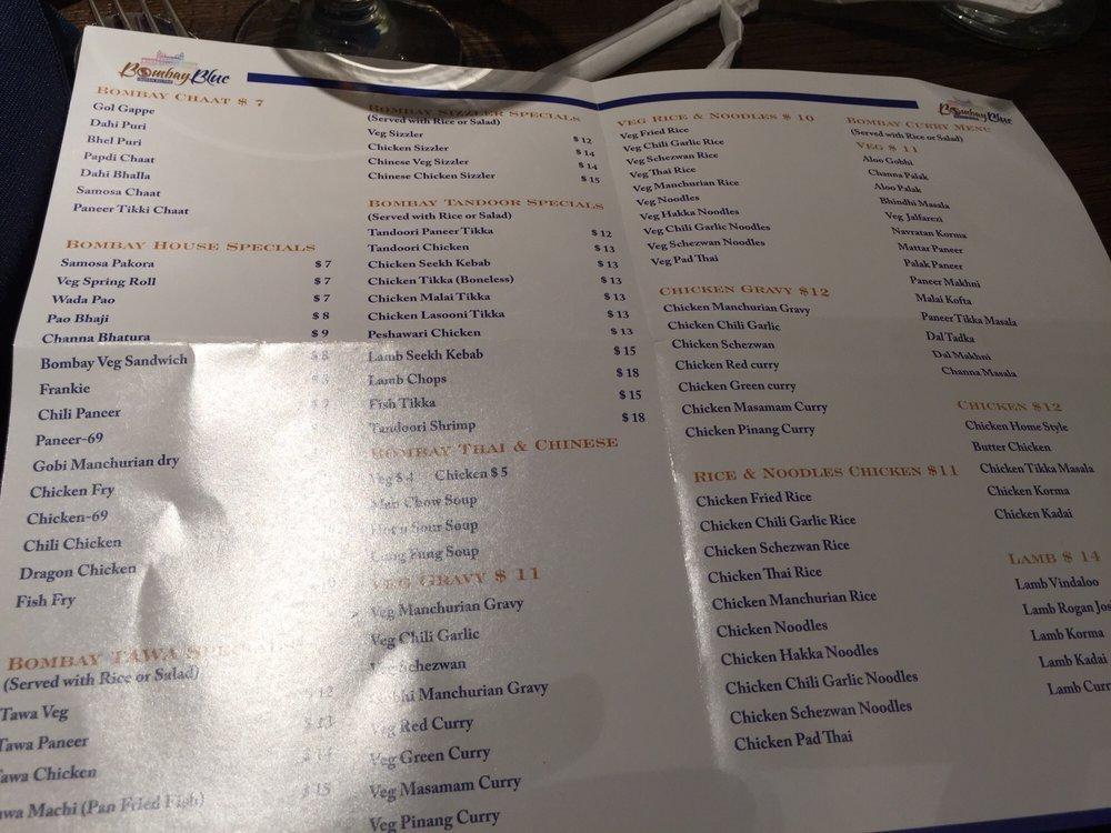 Menu at Bombay Blue restaurant, Edison