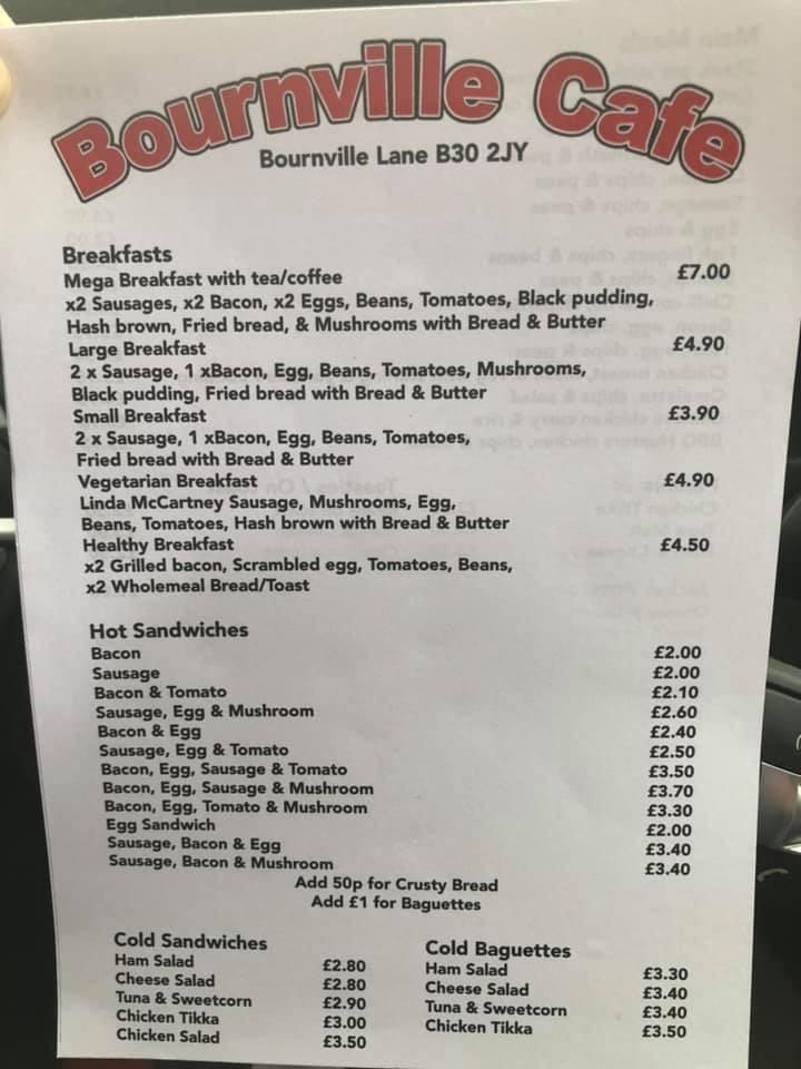 Menu at Bournville Café cafe, Birmingham, 27 Bournville Ln