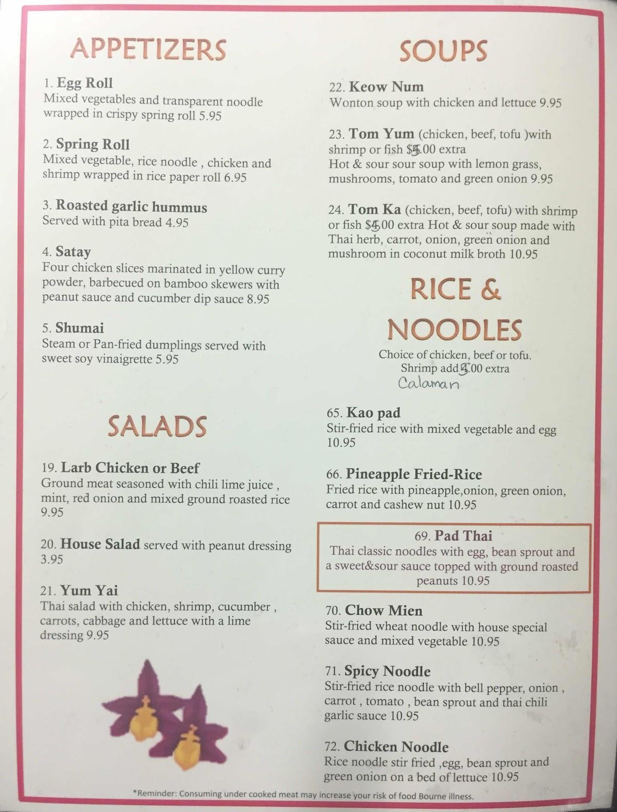 Menu at Dara Thai Twisters restaurant, Williams